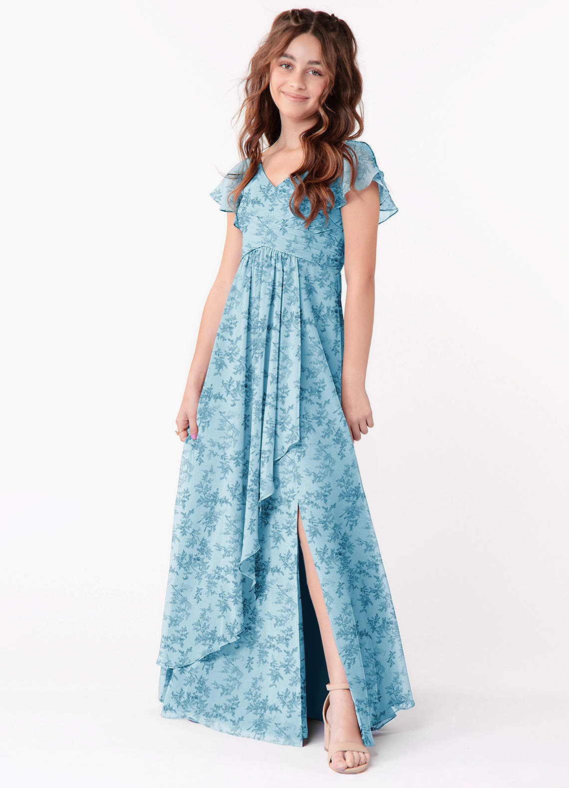 Azazie Omari Junior Bridesmaid Dress in Blue Fern Floral | Azazie AU