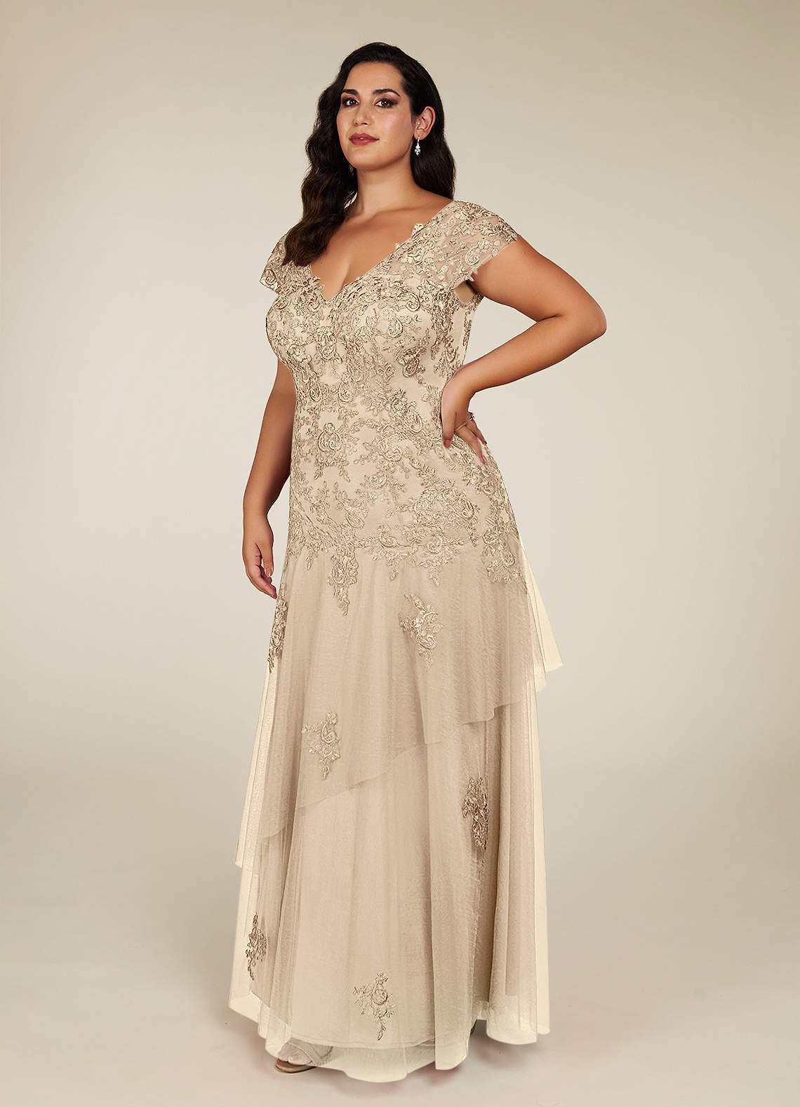 Champagne Azazie Romy Mermaid V-Neck Sequins Tulle Floor-Length Dress ...