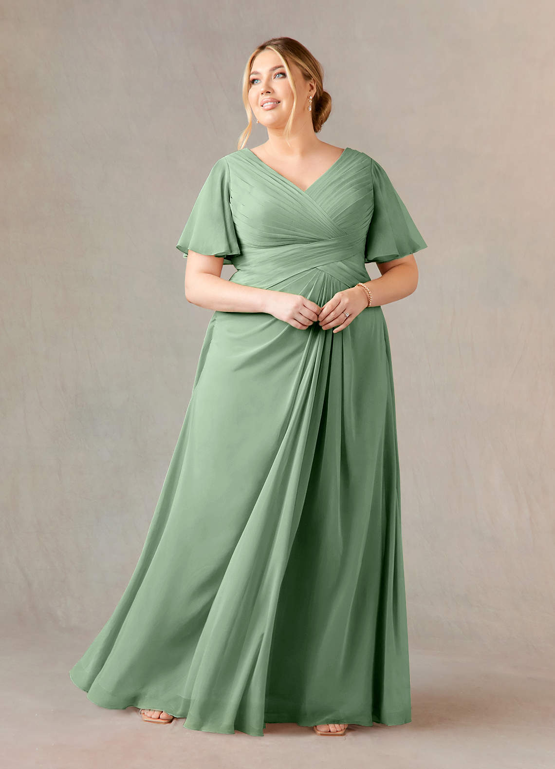 Matcha Azazie Morning Glory Matcha A-Line V-Neck Ruched Chiffon Dress ...