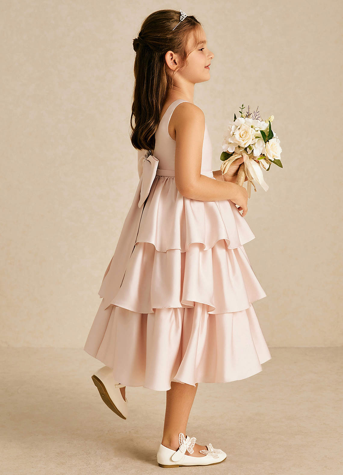 Azazie Margie Blushing Pink A-Line Bow Stretch Satin Dress | Azazie