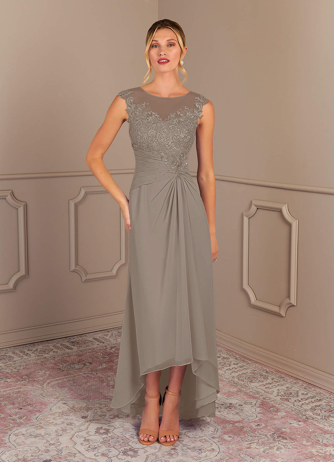 Azazie Endora Taupe A Line Scoop Lace Chiffon Dress Azazie