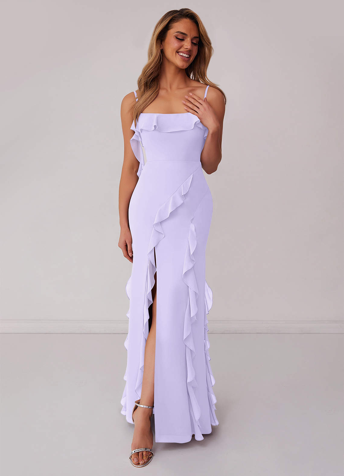 Lilac Chiffon Ruffle Column Dress with Leg Slit Bridesmaid Dresses | Azazie