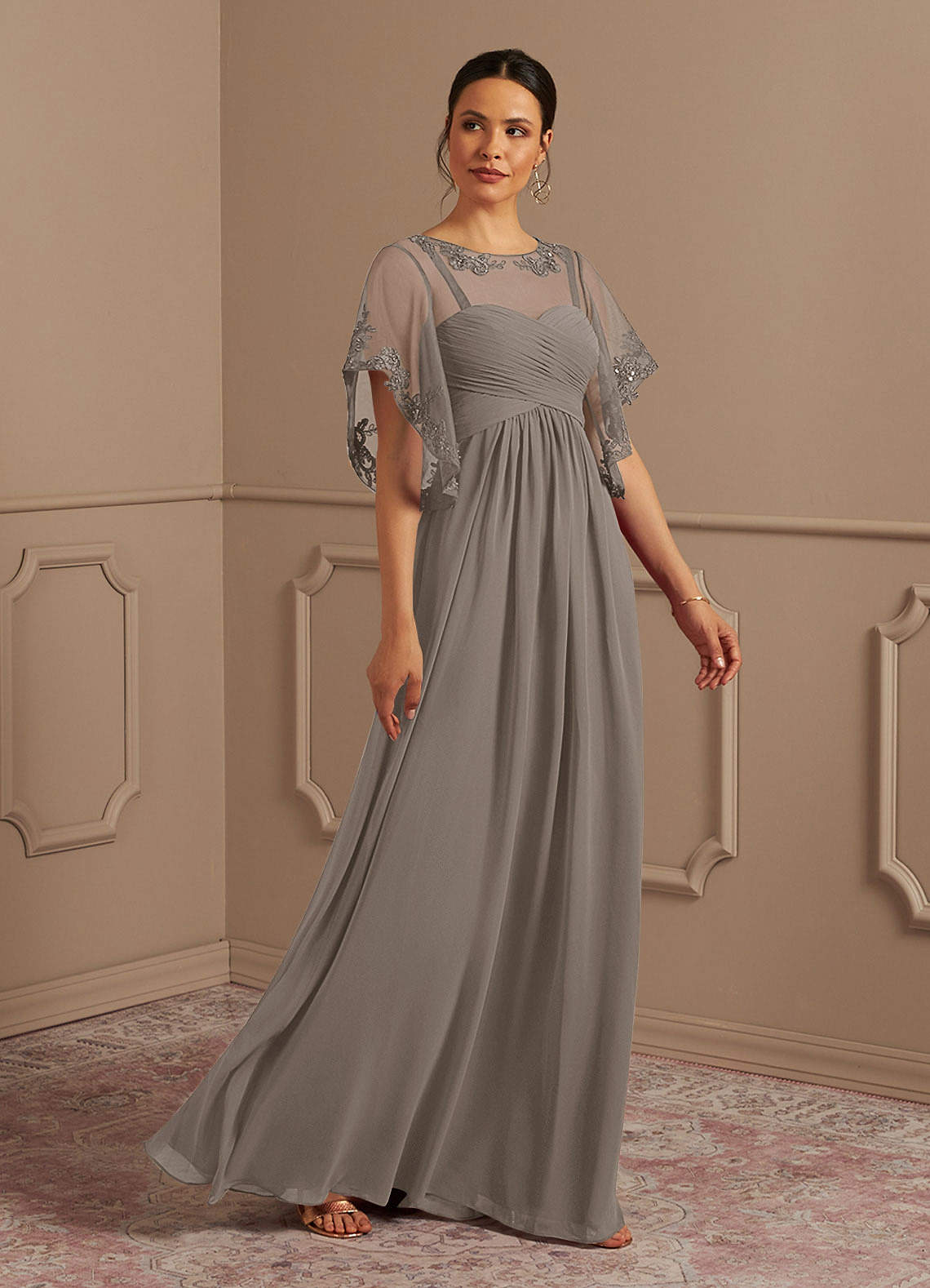 Taupe Azazie Fauna A Line Sequins Chiffon Floor Length Dress Azazie
