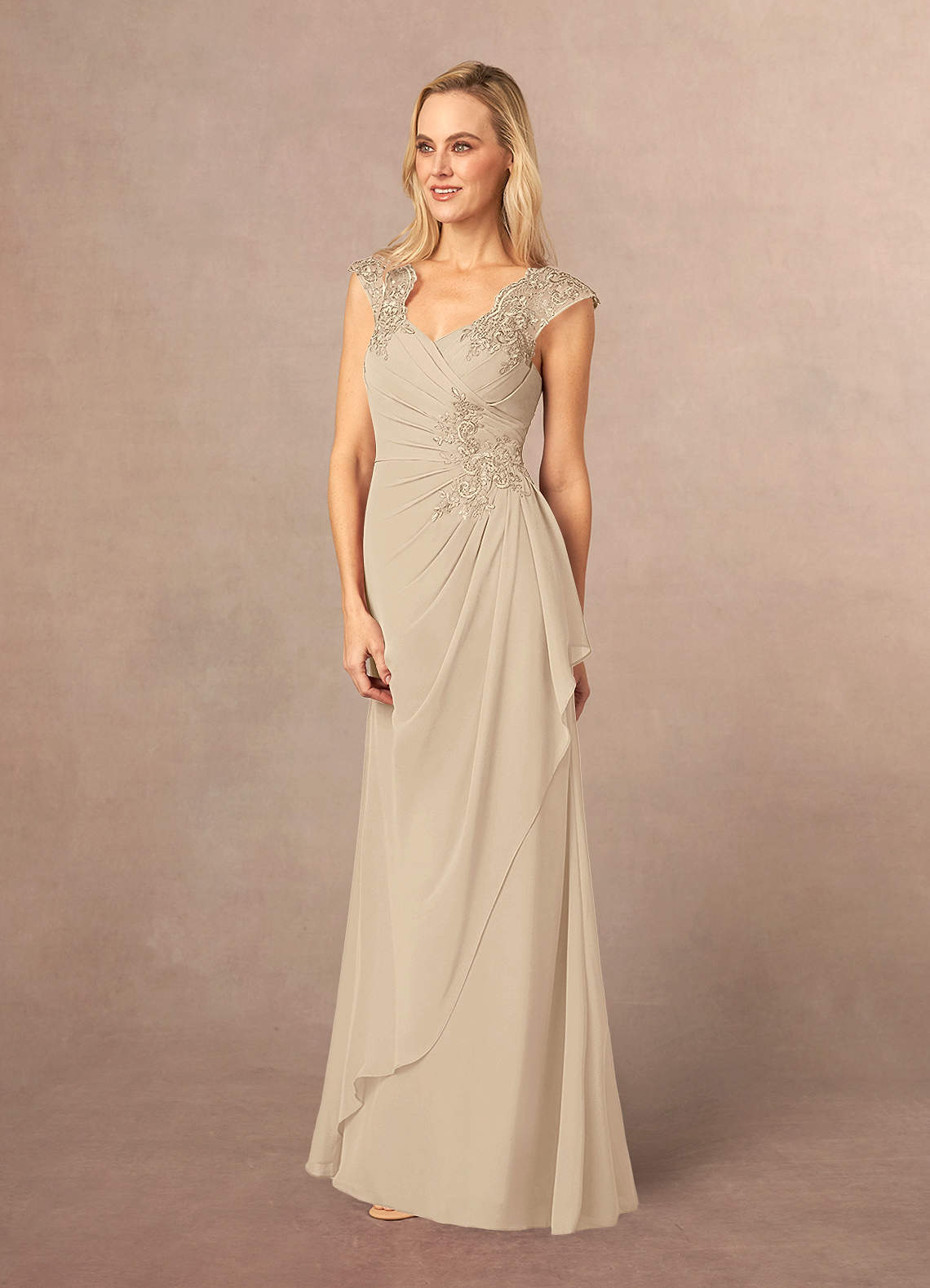 Azazie Gladys Champagne A-Line Queen Anne Lace Chiffon Dress | Azazie