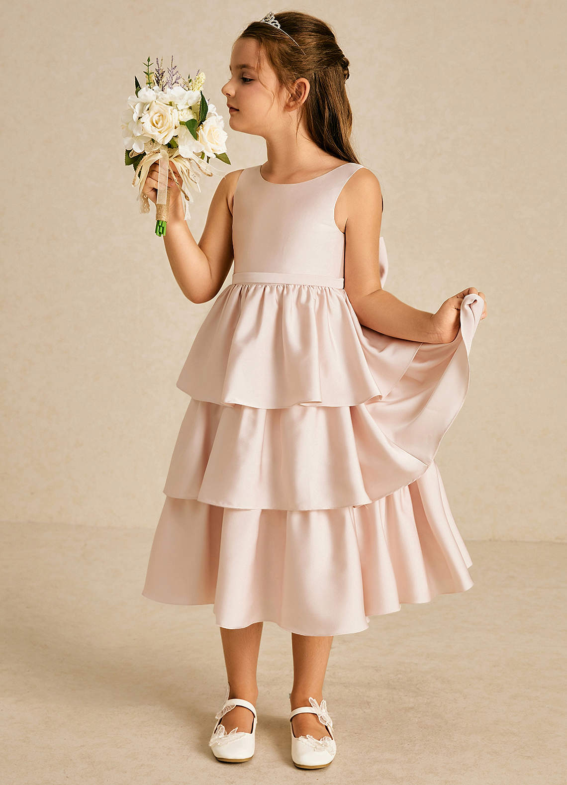 Azazie Margie Blushing Pink A-Line Bow Stretch Satin Dress | Azazie