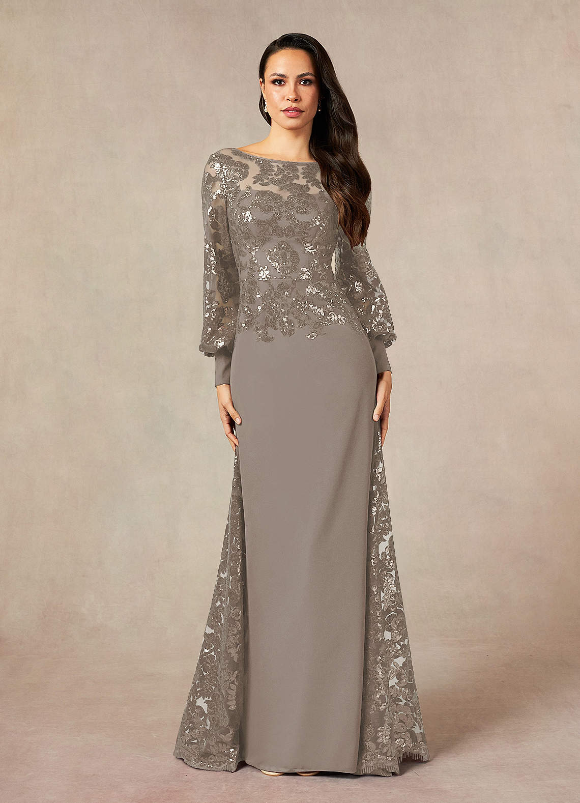 Azazie Caroline Taupe Mermaid Sequins Lace Dress | Azazie