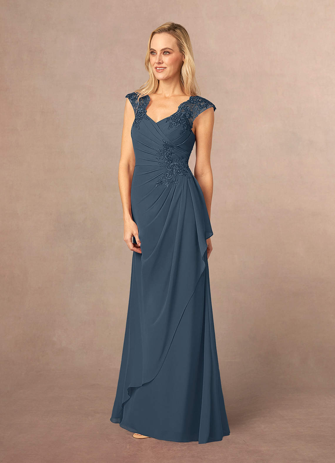 Azazie Gladys Neptune A-Line Queen Anne Lace Chiffon Dress | Azazie