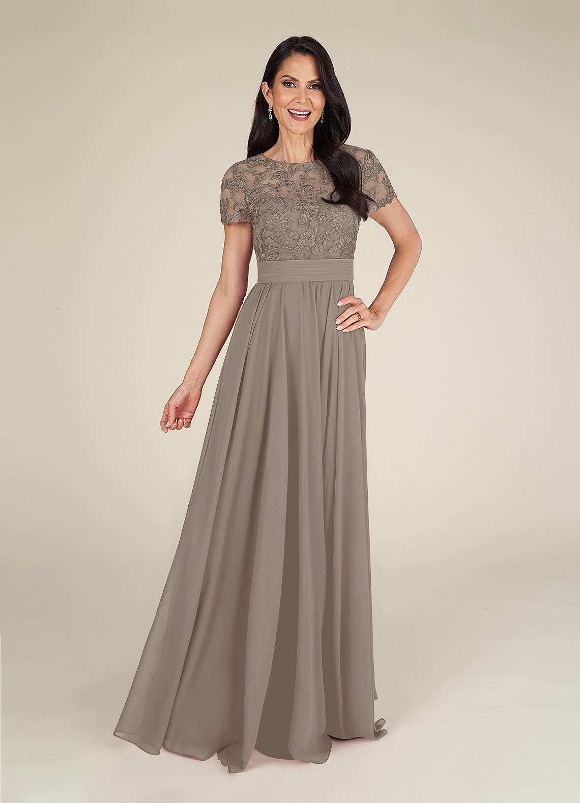 Azazie Annette Taupe A-Line Lace Chiffon Dress | Azazie