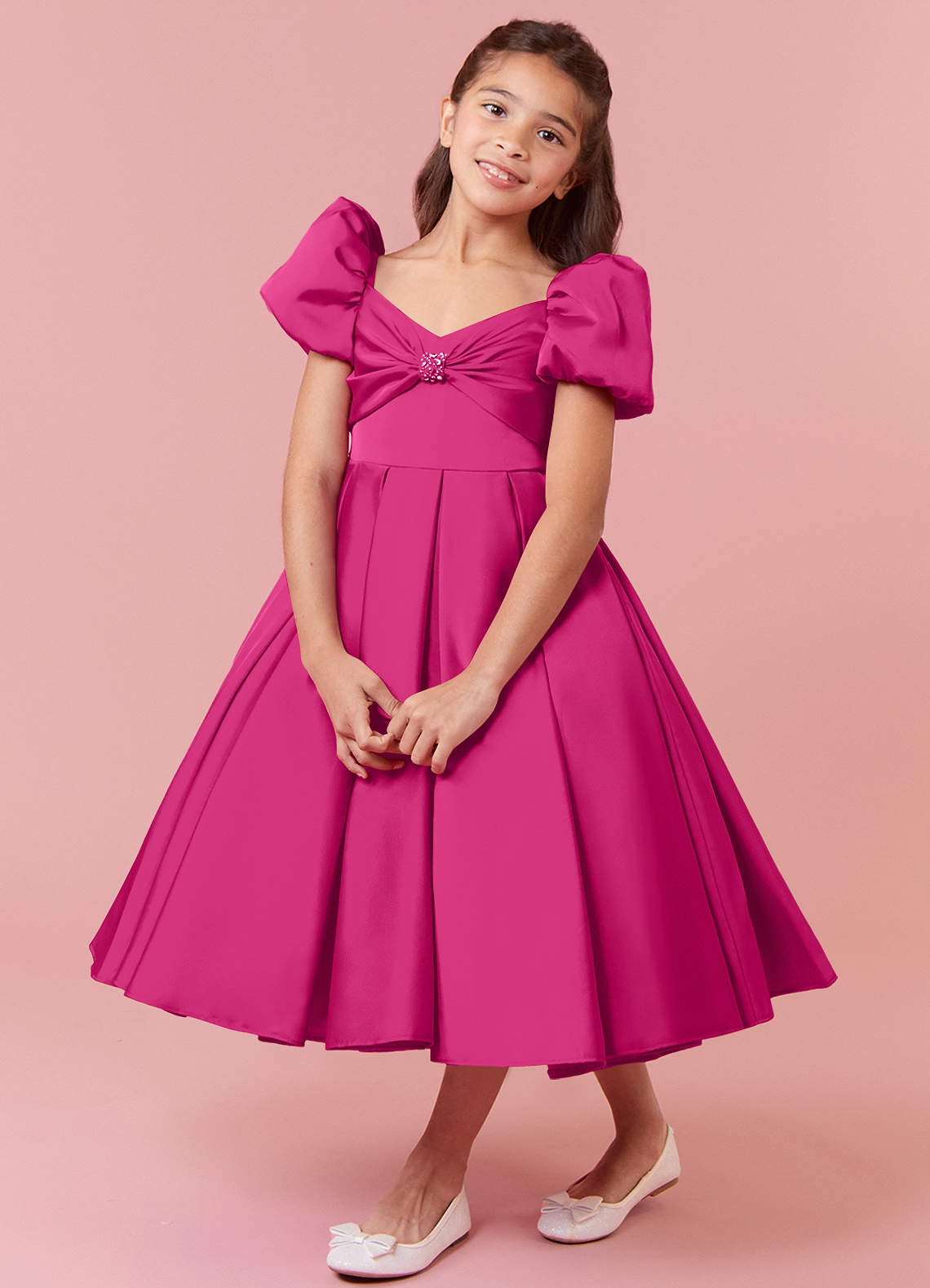 Barbie™ Pink Barbie ♥ Azazie Puff Sleeve Bow Box Pleat Stretch Satin ...
