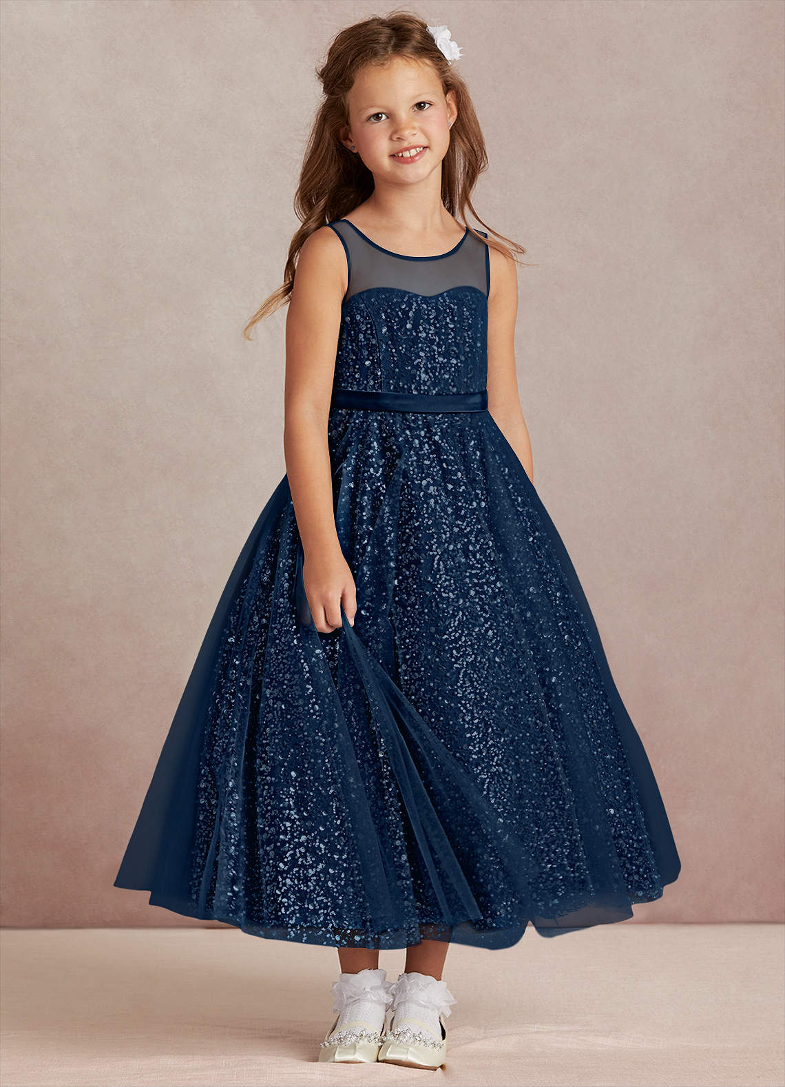 Azazie Siwa Dark Navy A-Line Beaded Tulle Dress | Azazie