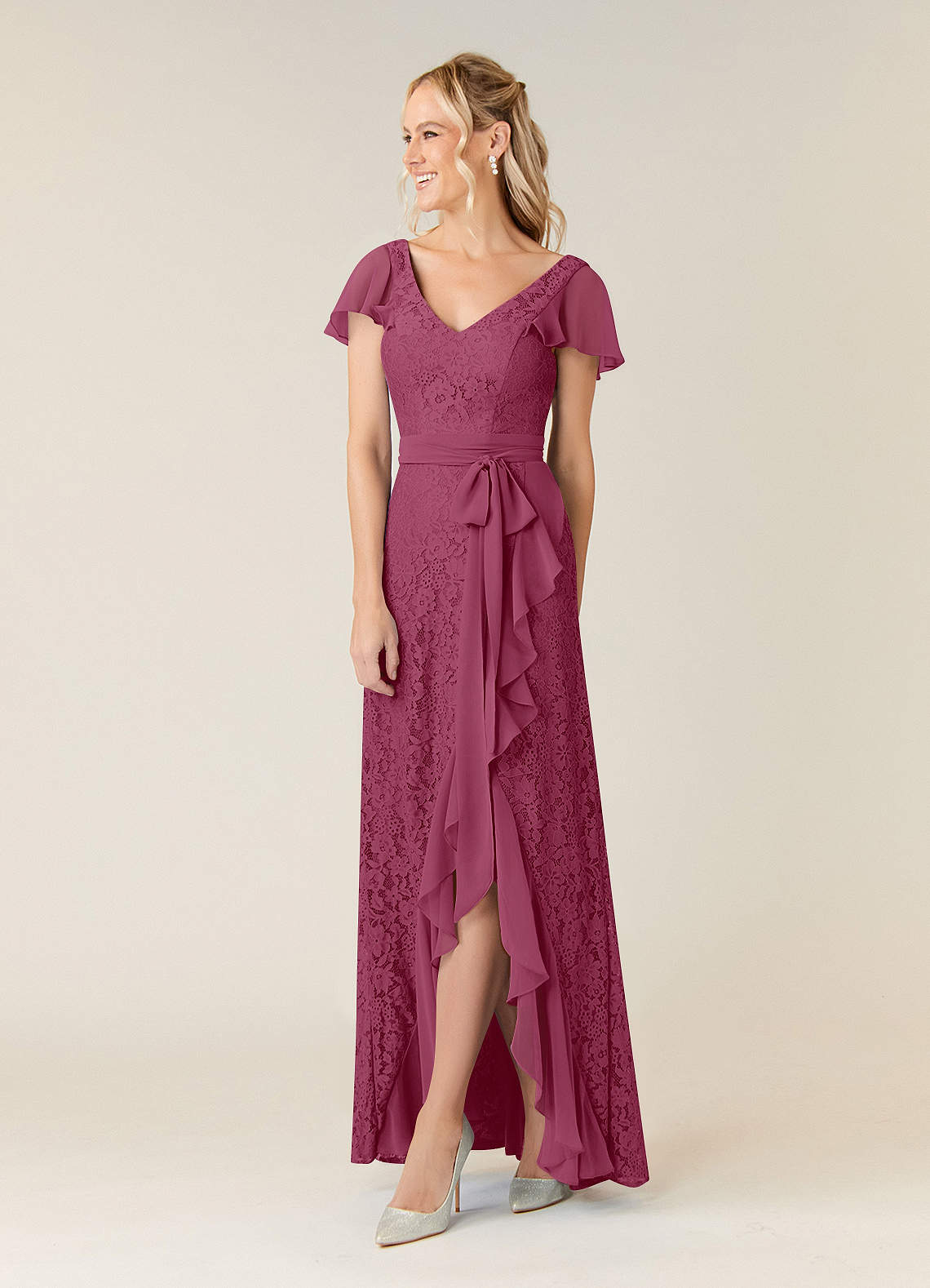 Mulberry Azazie Knox Mulberry A-Line V-Neck Chiffon Dress | Azazie