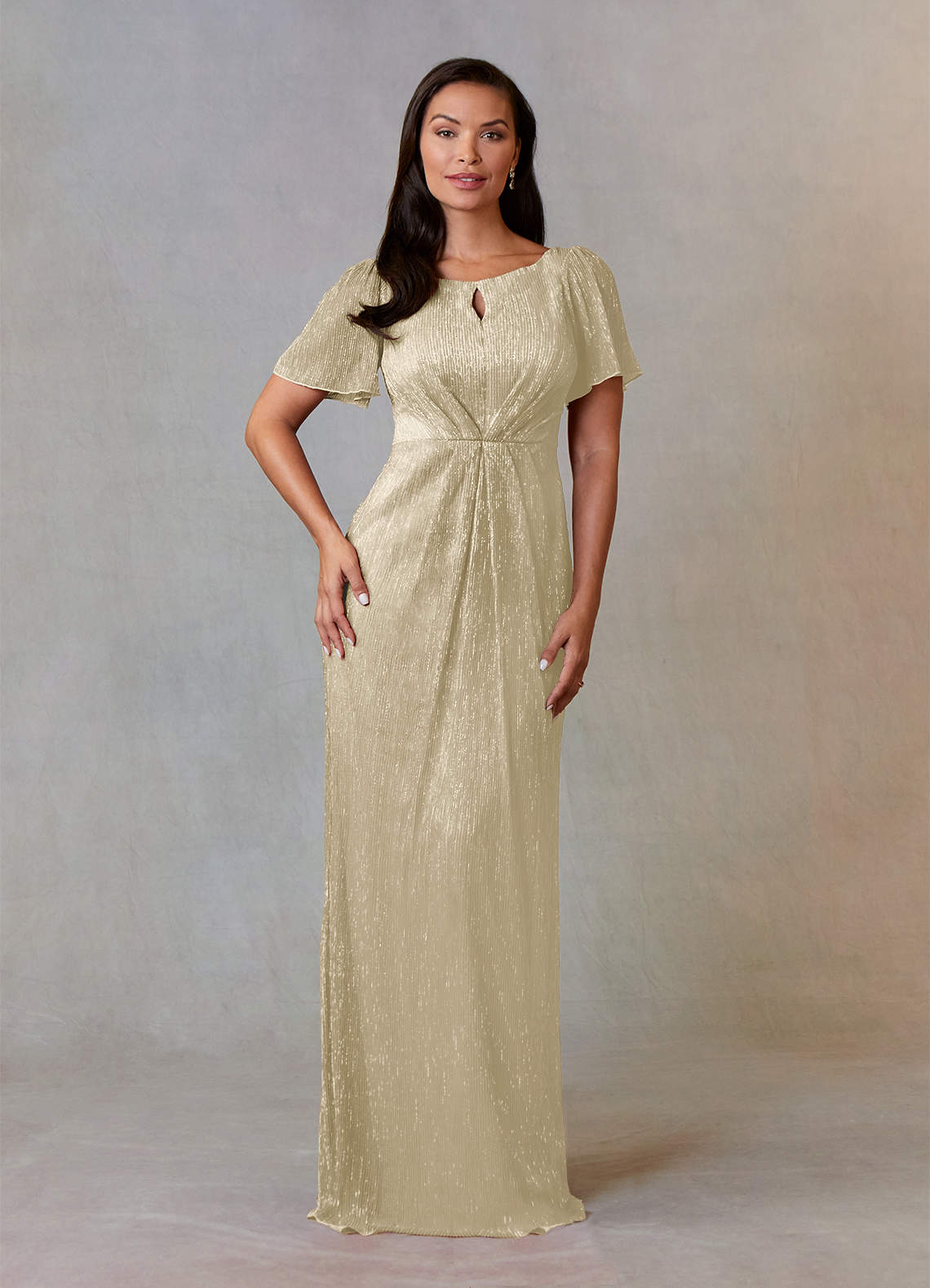 Upstudio Alameda Champagne A-Line Ruched Metallic Mesh Dress | Azazie