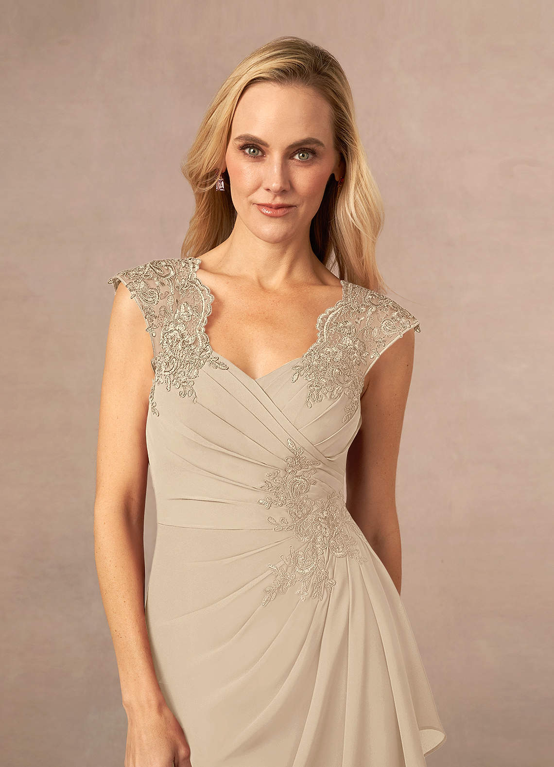 Azazie Gladys Champagne A-Line Queen Anne Lace Chiffon Dress | Azazie