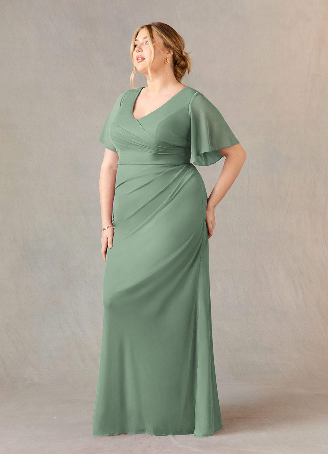 Matcha Azazie Selah A Line V Neck Ruched Mesh Floor Length Dress Azazie