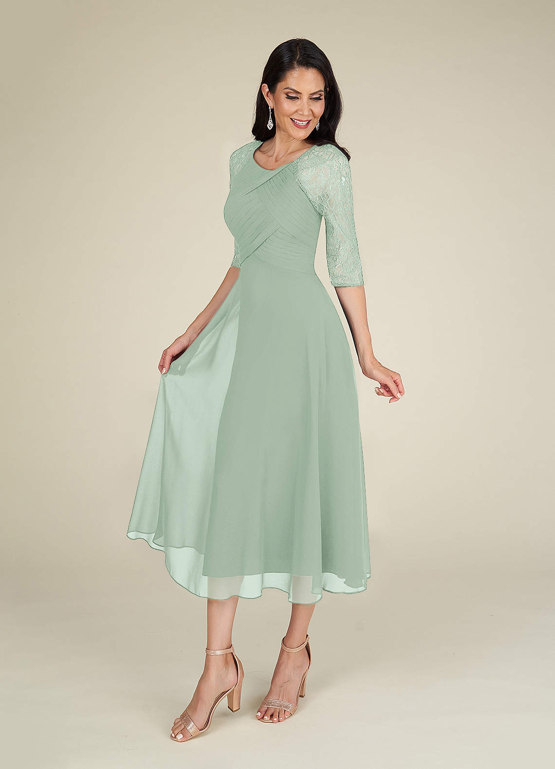 Agave Azazie Dorothea A-Line Scoop lace Chiffon Tea-Length Dress | Azazie