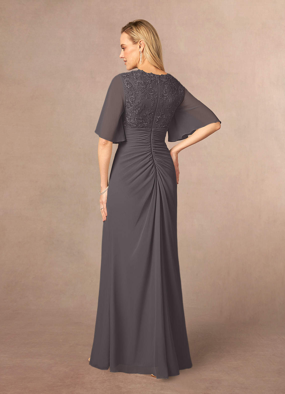 Steel Grey Azazie Carson Steel Grey A-Line V-Neck Lace Chiffon Dress ...