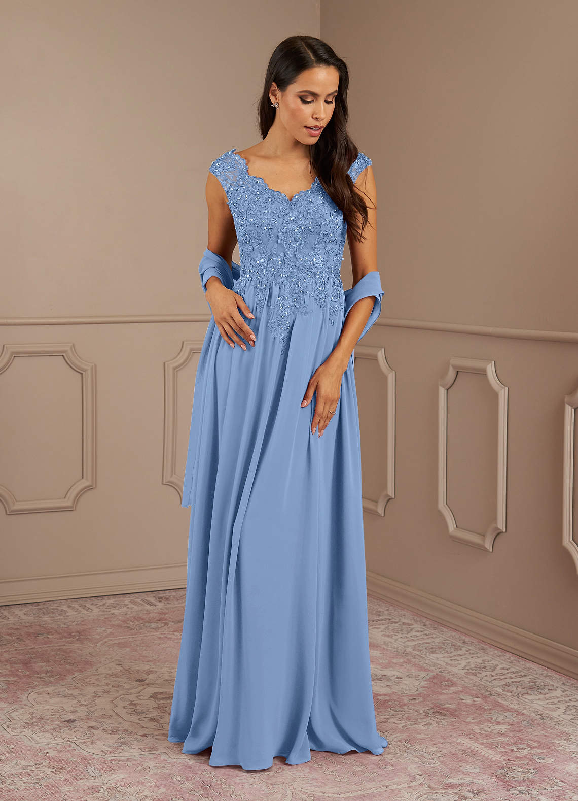 Azazie Amethyst Steel Blue A-Line V-Neck Sequins Chiffon Dress | Azazie