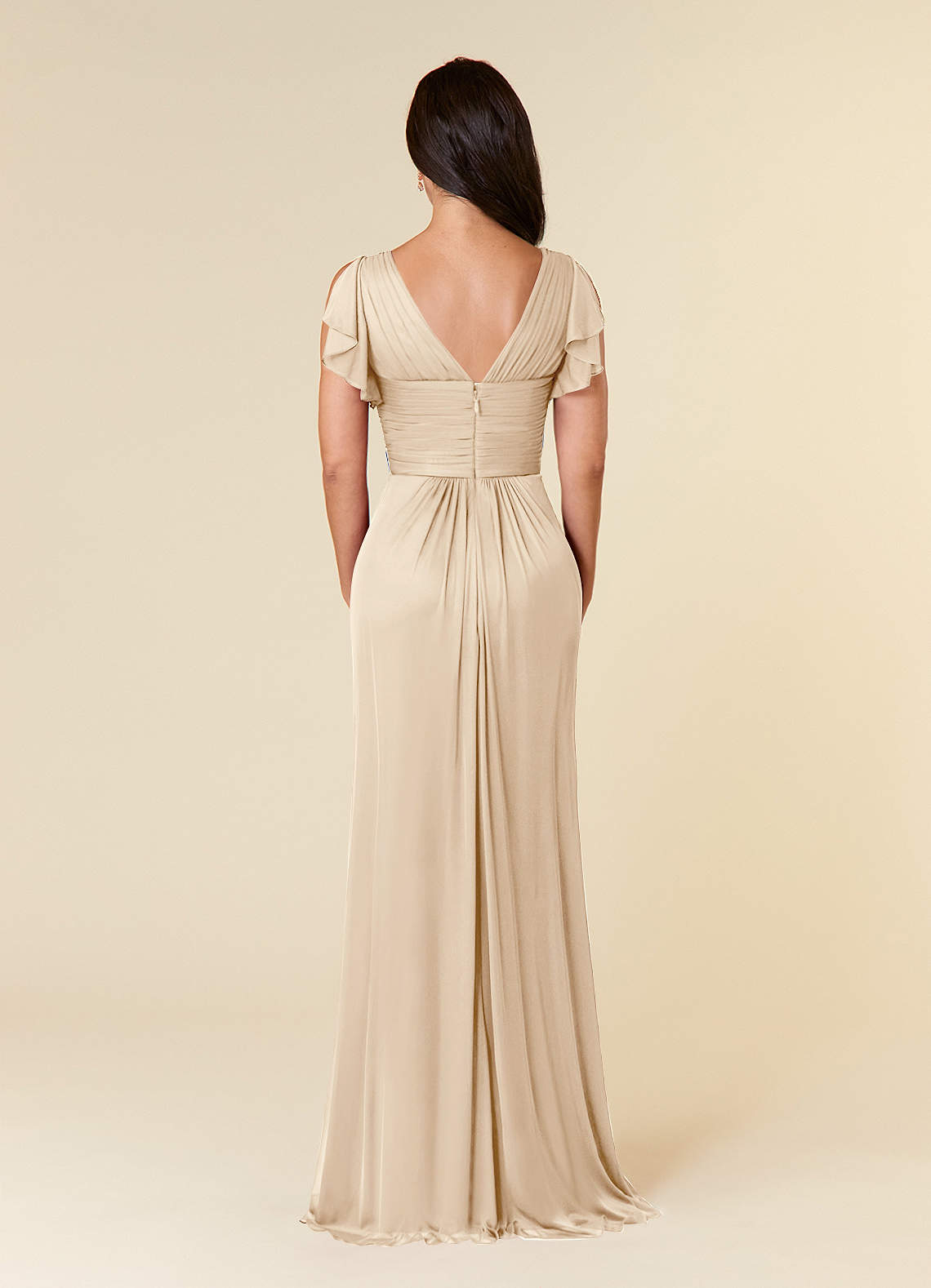 Azazie Reneya Champagne A-Line Pleated Mesh Dress | Azazie