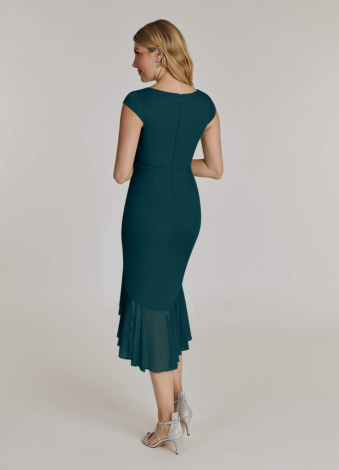 Pine Azazie Renetta Sheath V Neck Pleated Mesh Asymmetrical Dress Azazie