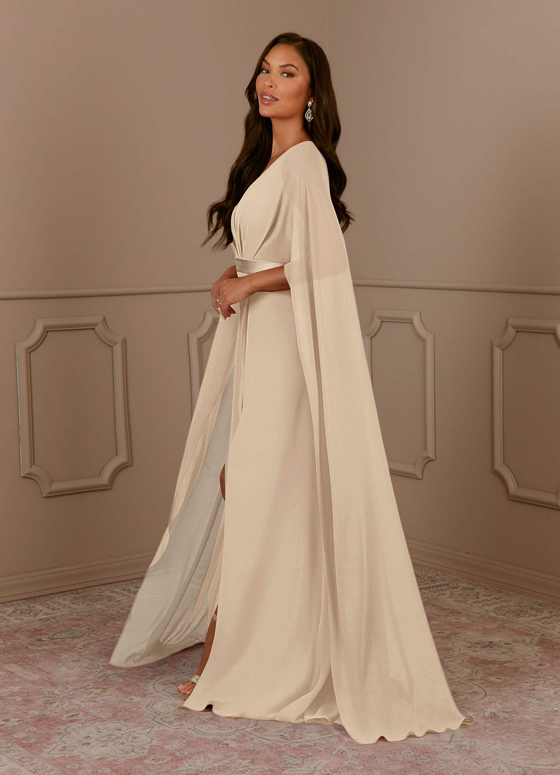 Azazie Isa Champagne A-Line V-Neck Pleated Chiffon Dress | Azazie