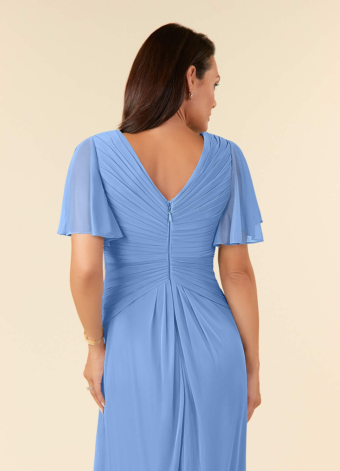 Azazie Emmeline Steel Blue A-Line V-Neck Pleated Mesh Dress | Azazie