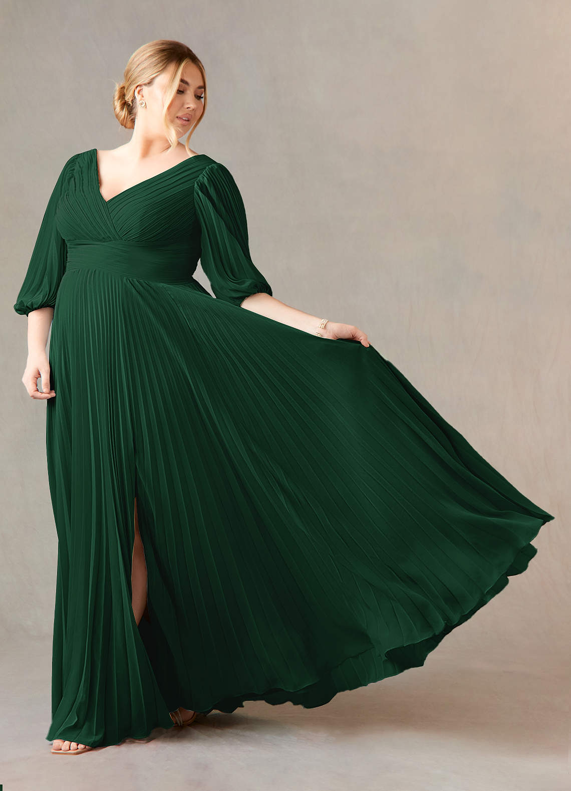 Azazie Zahara Dark Green A-Line V-Neck Pleated Chiffon Dress | Azazie