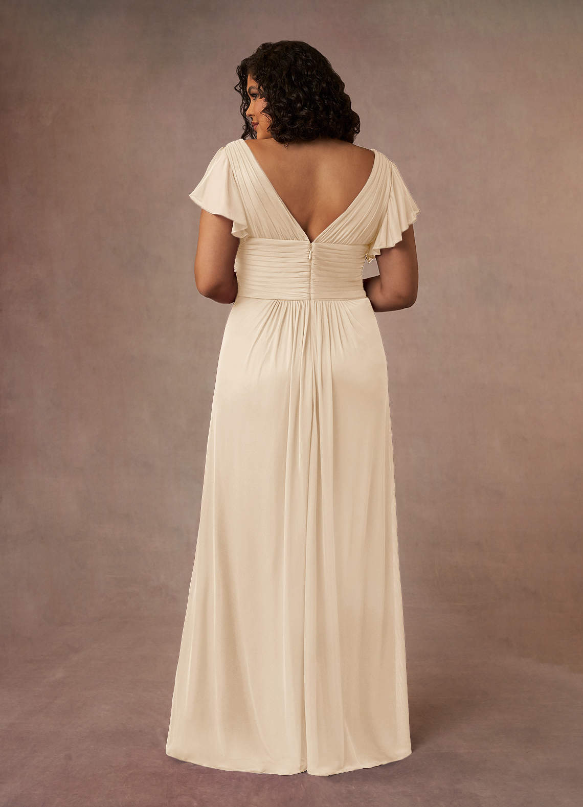 Azazie Reneya Champagne A-Line Pleated Mesh Dress | Azazie