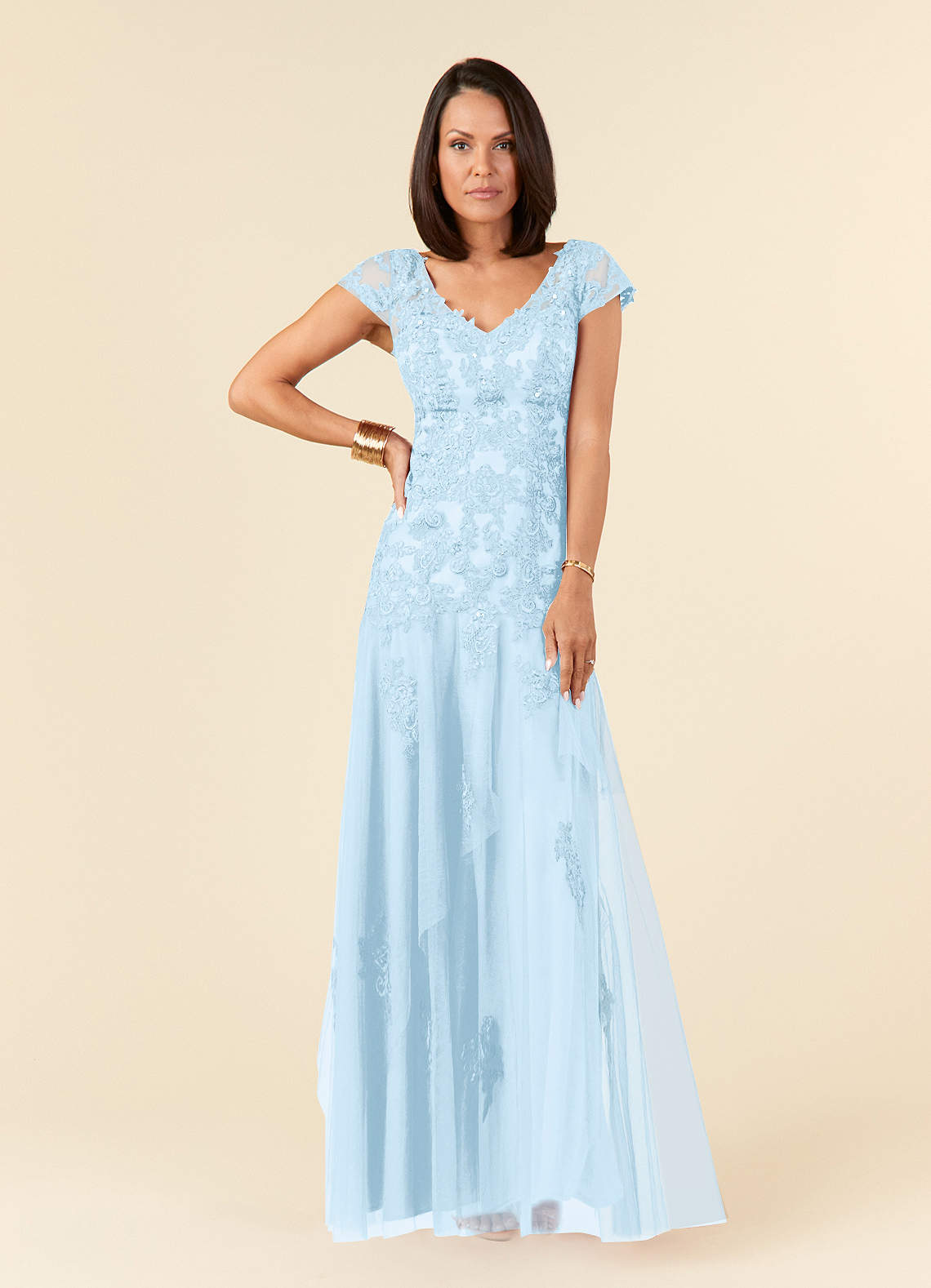 Sky Blue Azazie Romy Mermaid V-Neck Sequins Tulle Floor-Length Dress ...