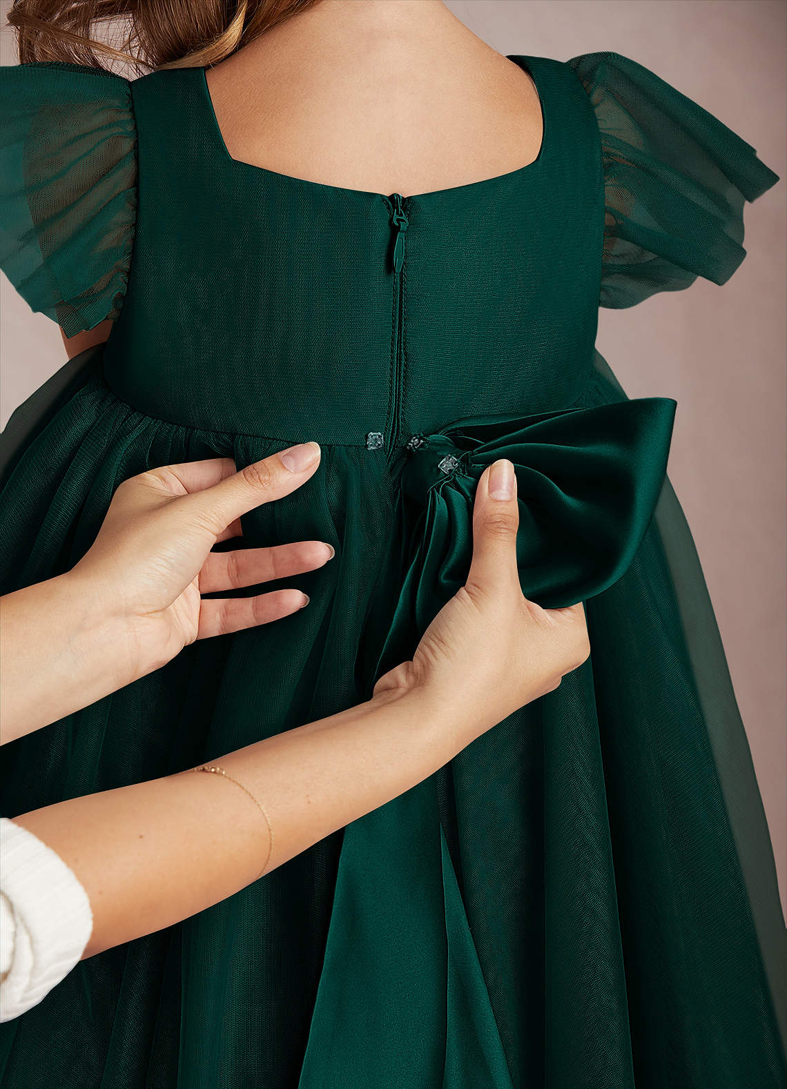 Pine Azazie Kalio Pine A-Line with Sleeves Tulle Dress | Azazie
