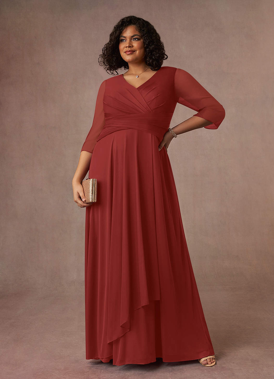 Azazie Annetta Rust A-Line V-Neck Pleated Mesh Dress | Azazie