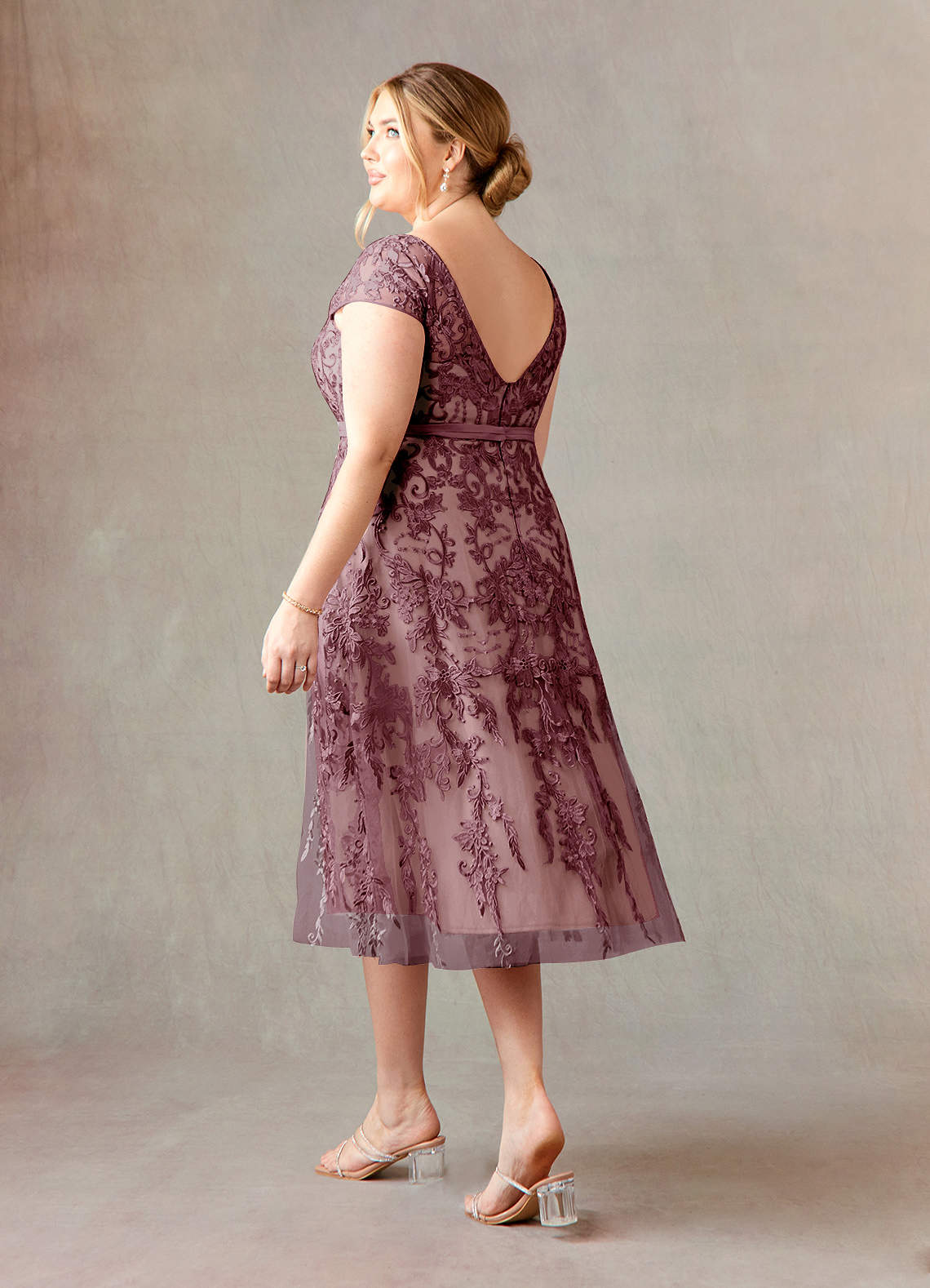 Azazie Sanna Vintage Mauve Champagne A-Line Scoop Lace Tulle Dress | Azazie