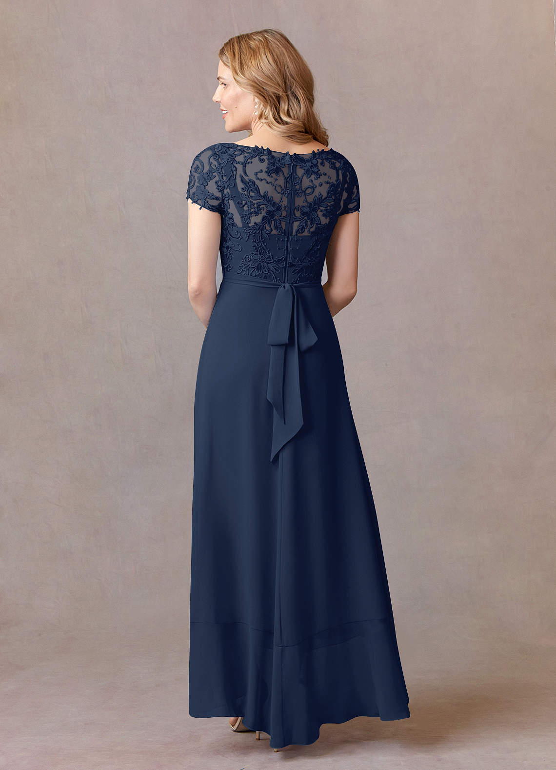 Dark Navy Azazie Mamie A-Line Lace Chiffon Asymmetrical Dress | Azazie