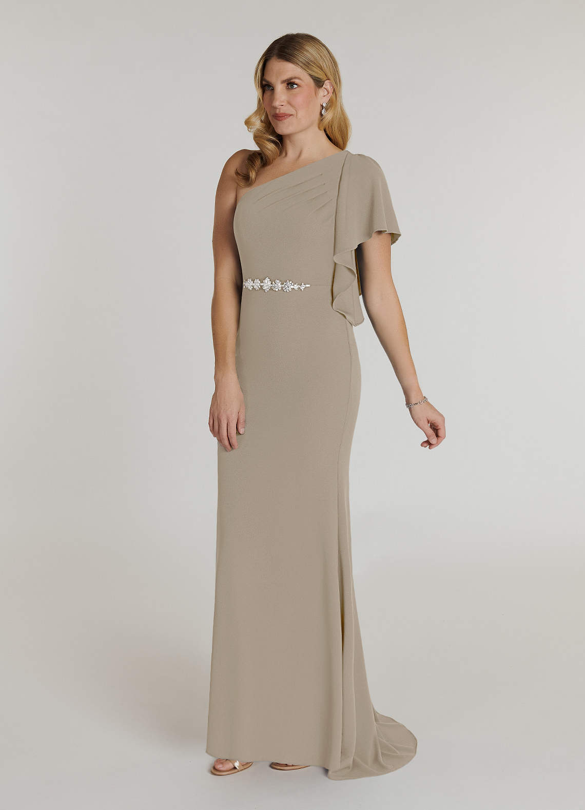 Taupe Azazie Pia Taupe Mermaid Pleated Stretch Crepe Dress | Azazie