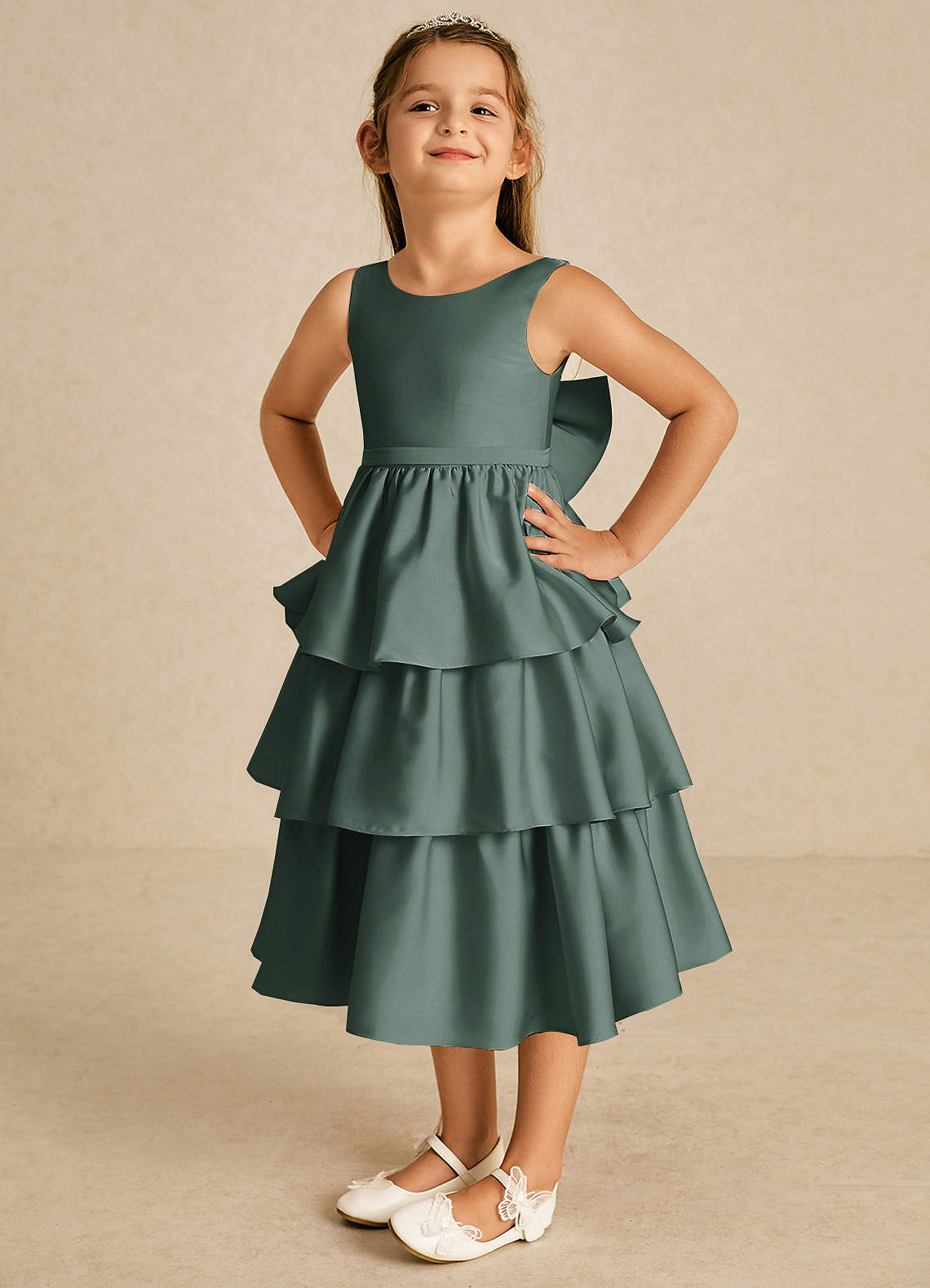 Azazie Margie Eucalyptus A-Line Bow Stretch Satin Dress | Azazie