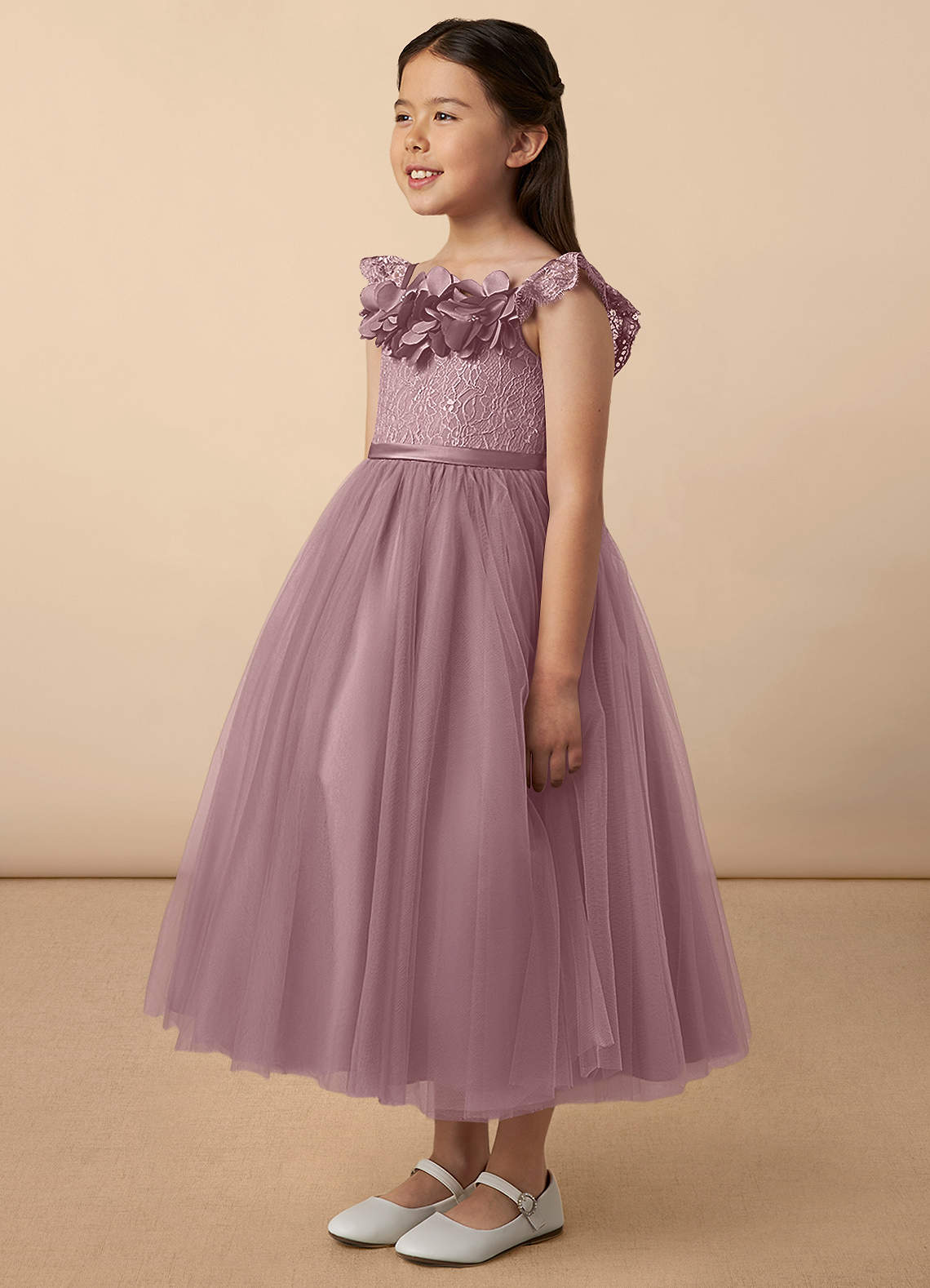 Azazie Demetra Dusty Rose A-Line Lace Tulle Dress | Azazie