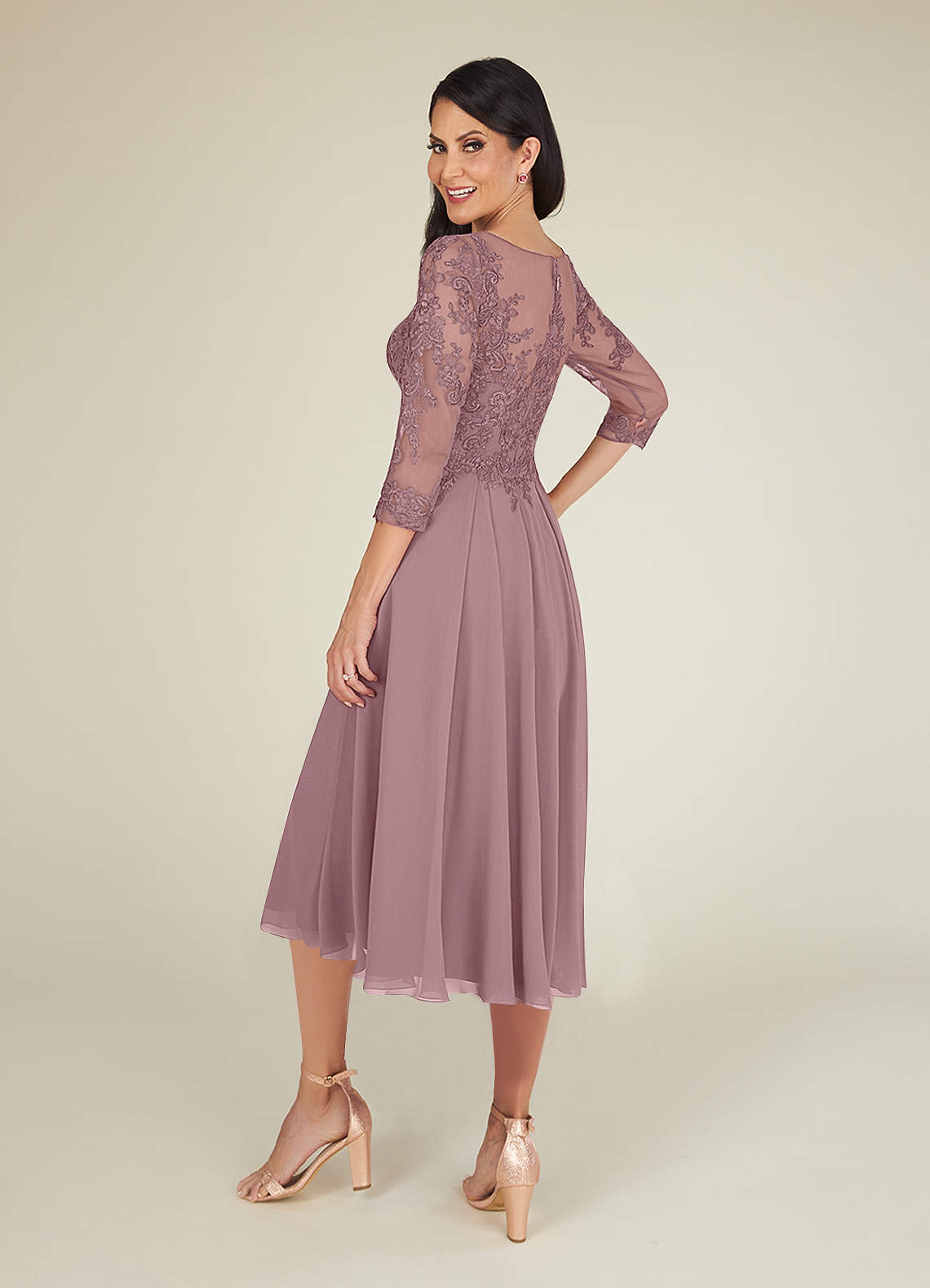 Dusty Rose Azazie Marge A Line Scoop Lace Chiffon Tea Length Dress Azazie