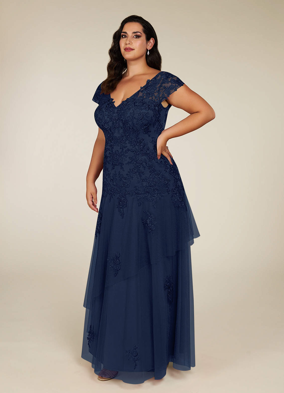 Dark Navy Azazie Romy Mermaid V-Neck Sequins Tulle Floor-Length Dress ...