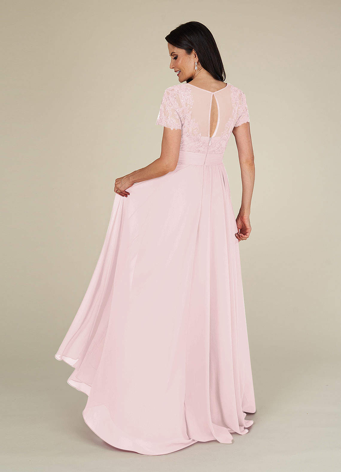 Azazie Annette Blushing Pink A-Line Lace Chiffon Dress | Azazie
