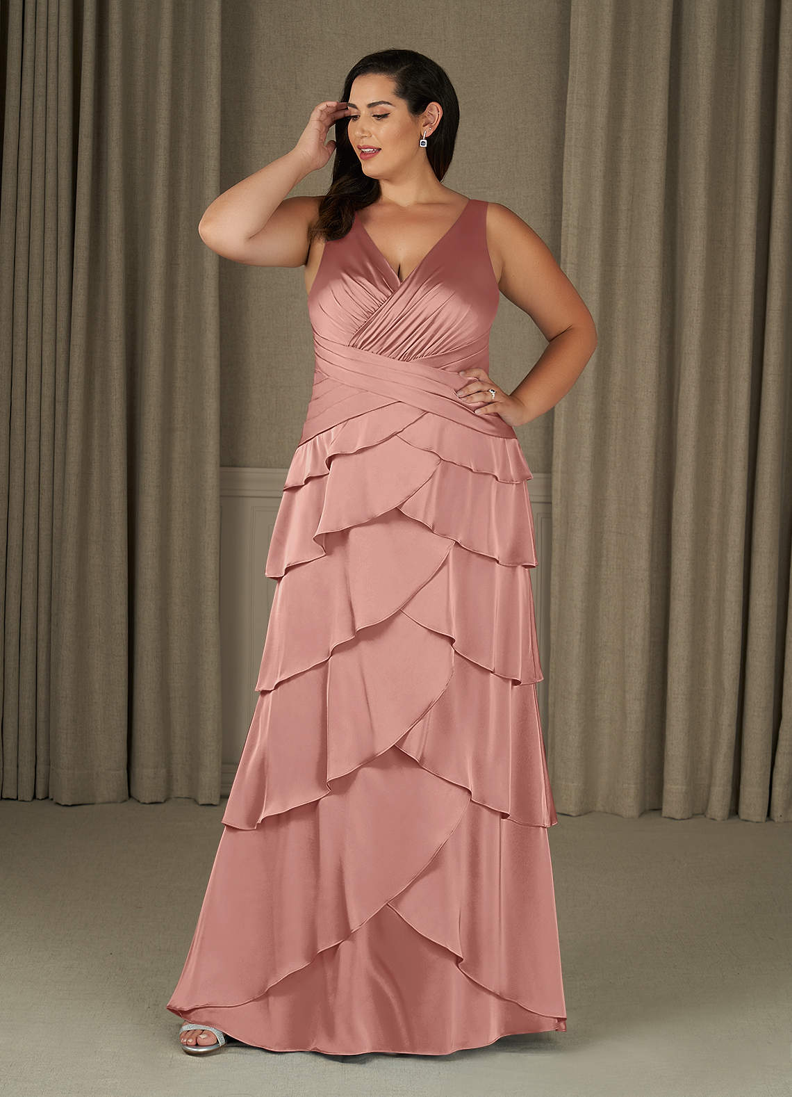 Azazie Viola Rosette A-Line Pleated Stretch Satin Dress | Azazie