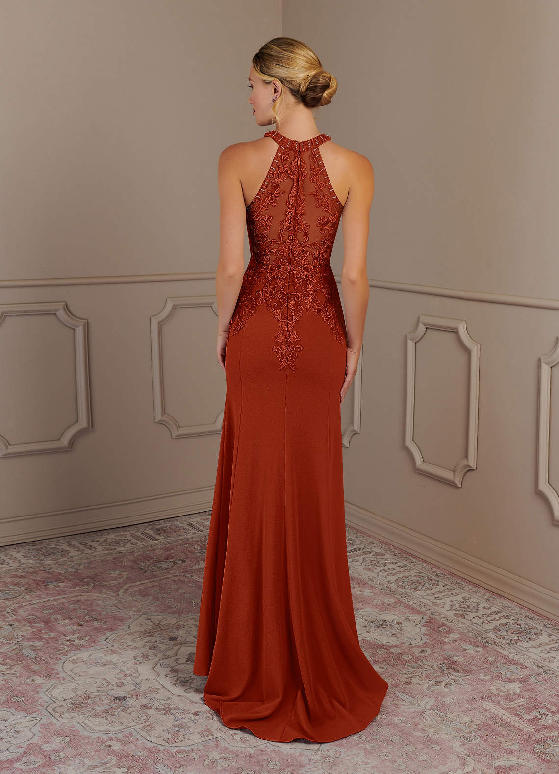 Azazie Tyra Rust Mermaid Halter Lace Stretch Crepe Dress | Azazie