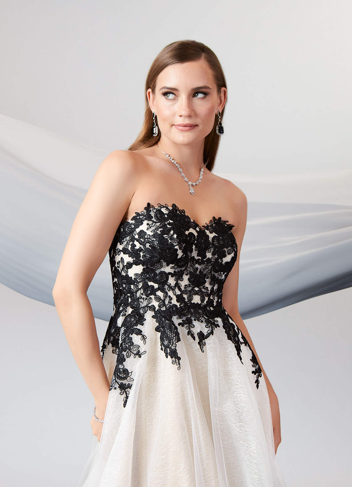 Azazie Adelaide Black Champagne A-Line Lace Tulle Dress | Azazie