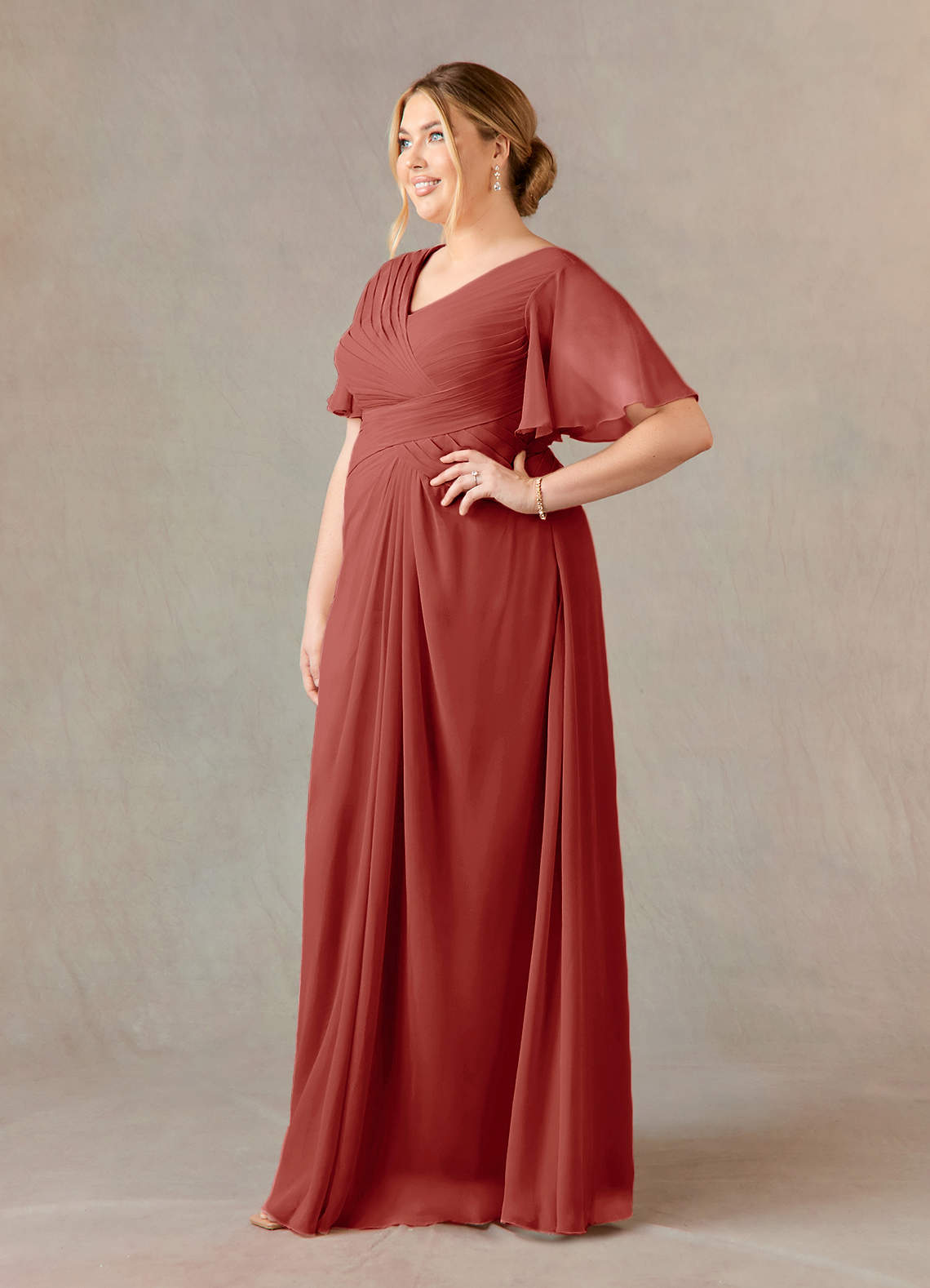 Terracotta Azazie Morning Glory A-Line V-Neck Ruched Chiffon Floor ...