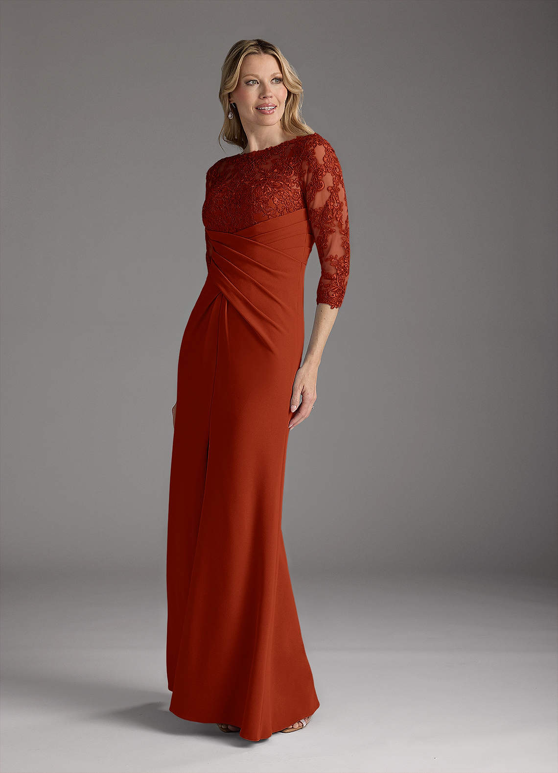 Rust Azazie Margene Rust Sheath Lace Stretch Crepe Dress | Azazie