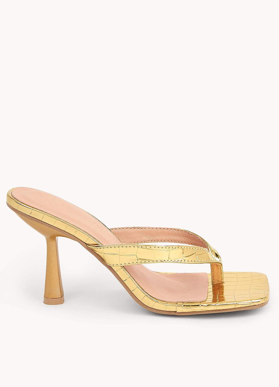 Gold Square Toe Thong Heel Sandals | Azazie