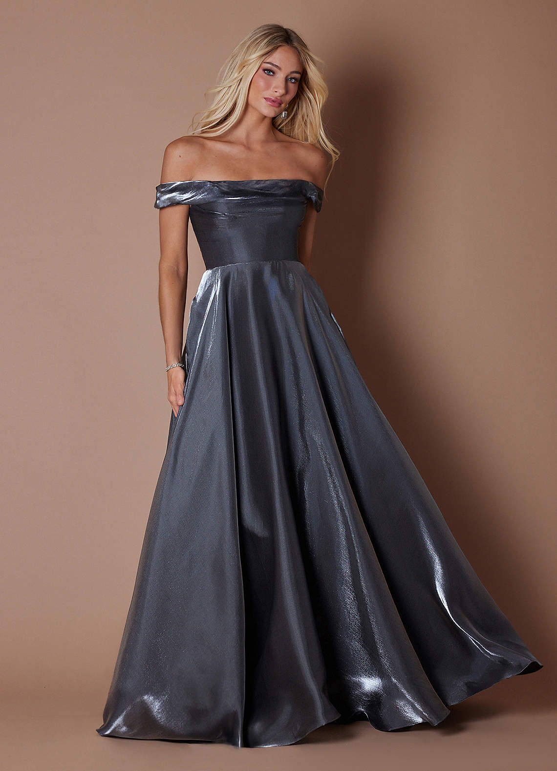 Tori Gunmetal Off Shoulder Gown | Azazie