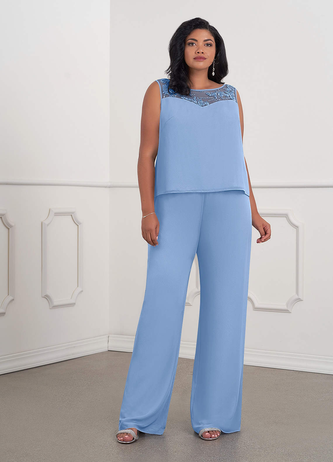 Azazie Maura Steel Blue Jumpsuit/Pantsuit Sequins Chiffon Dress | Azazie