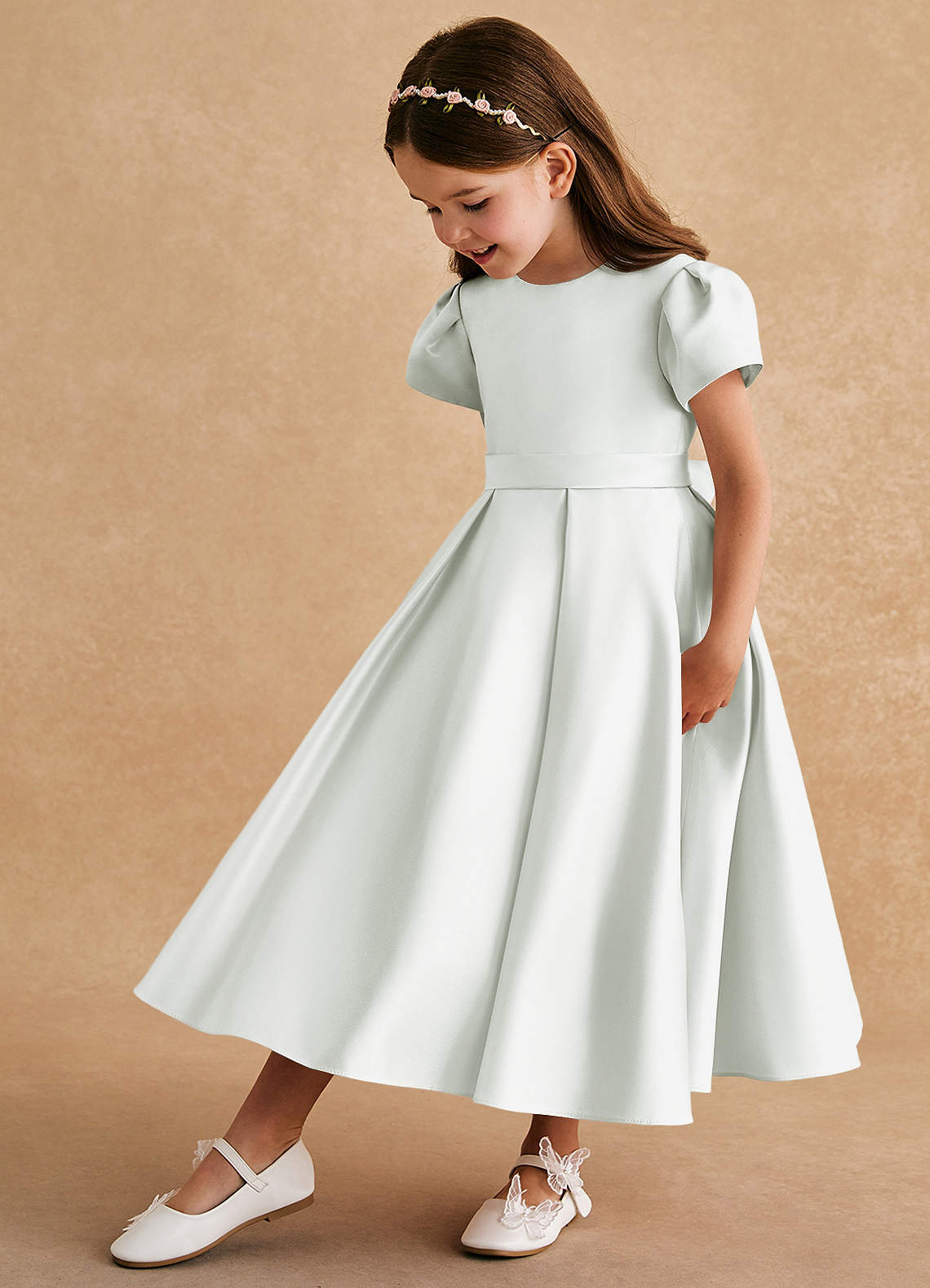 Azazie Princess Ivory A-Line Pleated Matte Satin Dress | Azazie