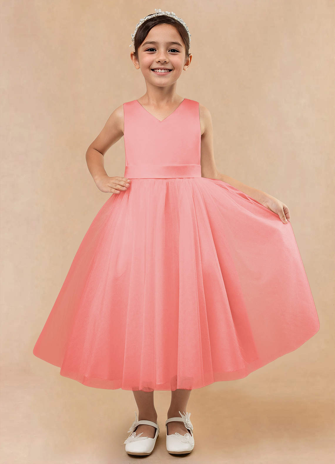 Coral Azazie Marlee Coral A-Line Pleated Matte Satin Dress | Azazie
