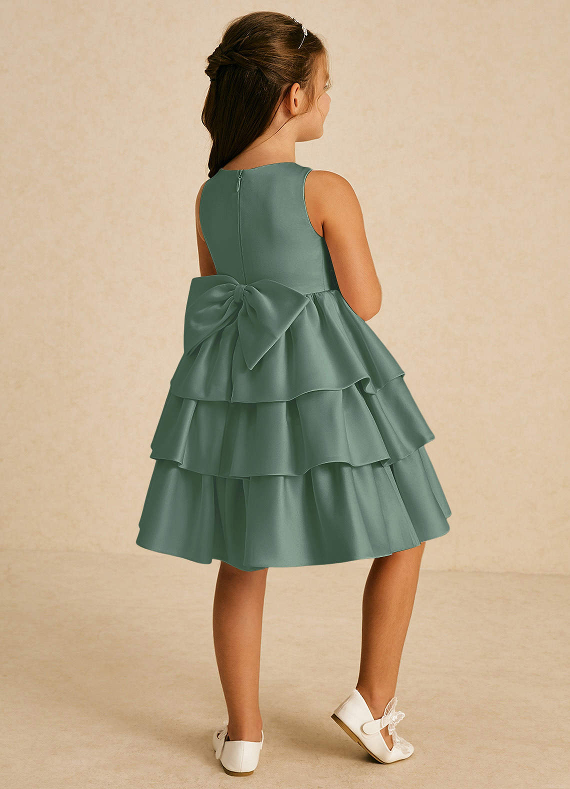 Azazie Cupcake Eucalyptus A-Line Bow Matte Satin Dress | Azazie