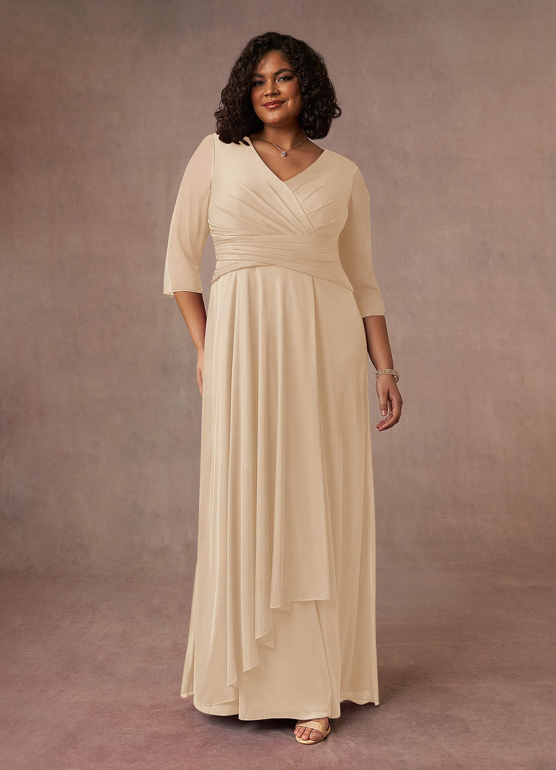 Azazie Annetta Champagne A-Line V-Neck Pleated Mesh Dress | Azazie